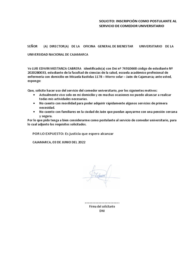 Solicitud de Inscripción Al Servicio Del Comedor Universitario - Edwin Mestanza | PDF