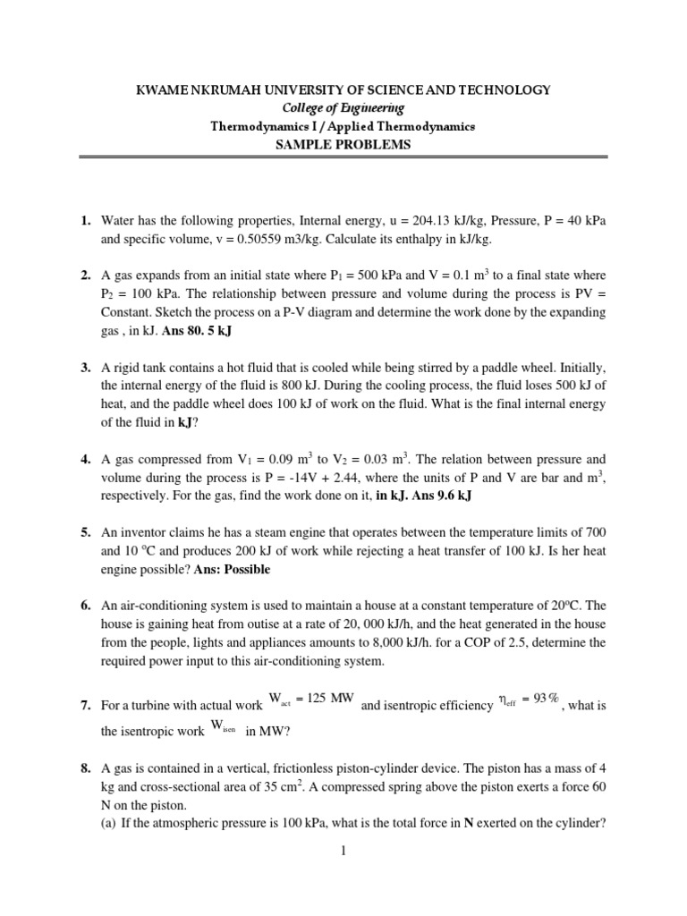 Thermo I Set of Questions 2022 | PDF | Steam | Enthalpy