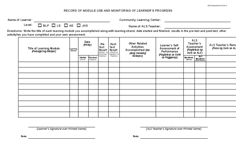 ALS Assessment Form 2 | PDF | Learning | Behavior Modification