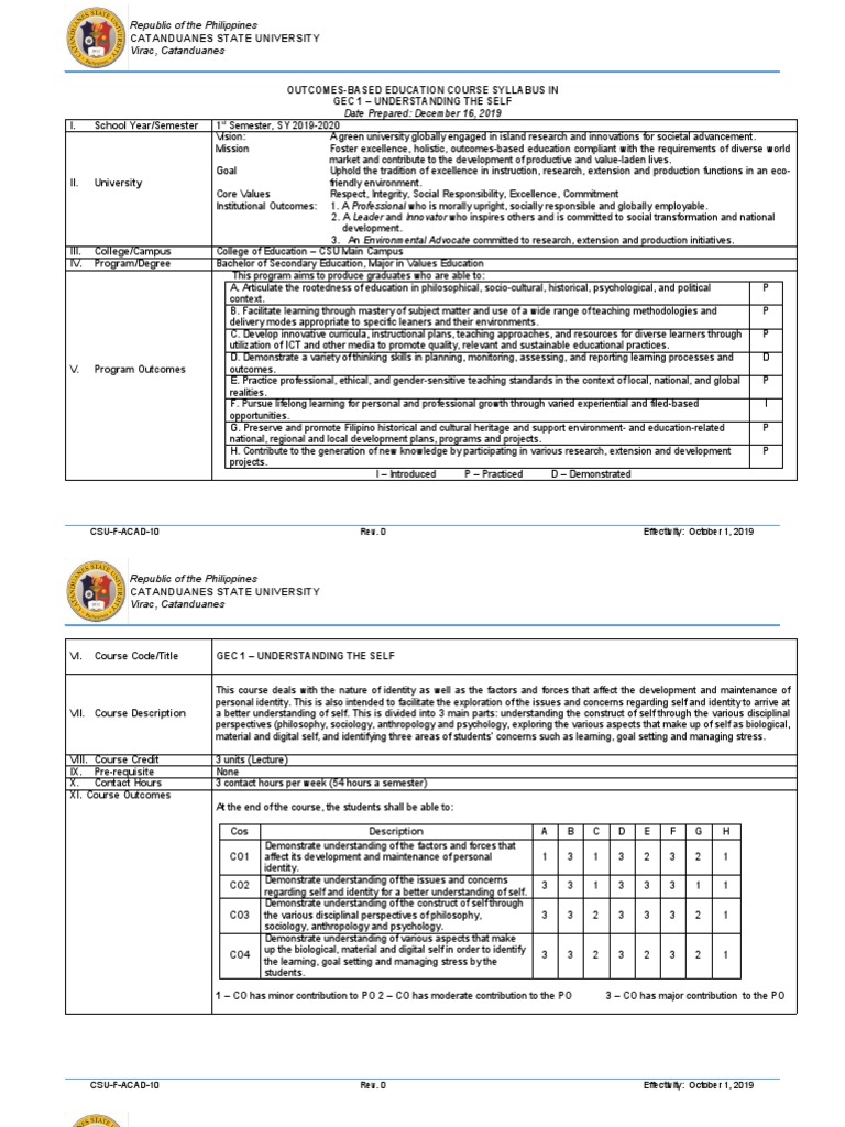 Gec 1 Syllabus in Uts 8 Pages | PDF | Learning | Identity (Social Science)