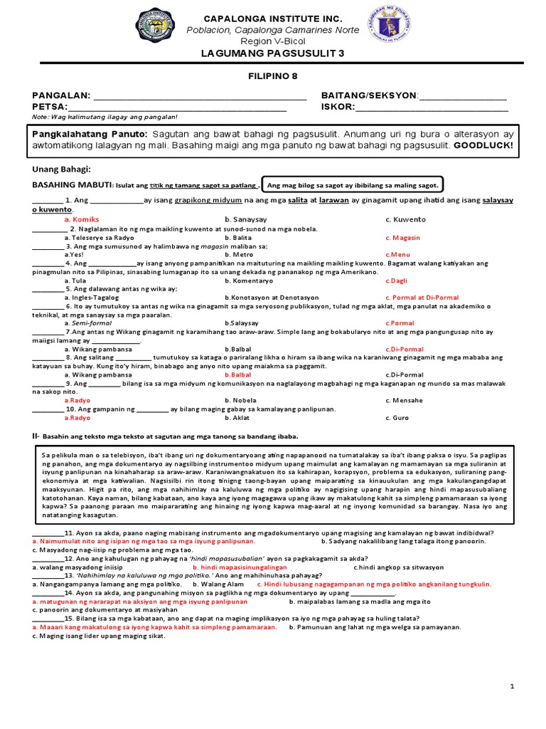 Filipino 8 Quarter 3 Ans KEY | PDF