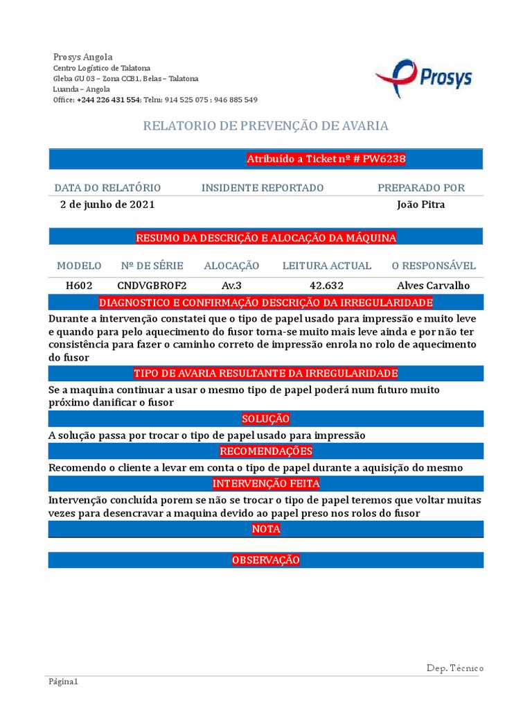 Relatorio de Prevenção de Avarias | PDF