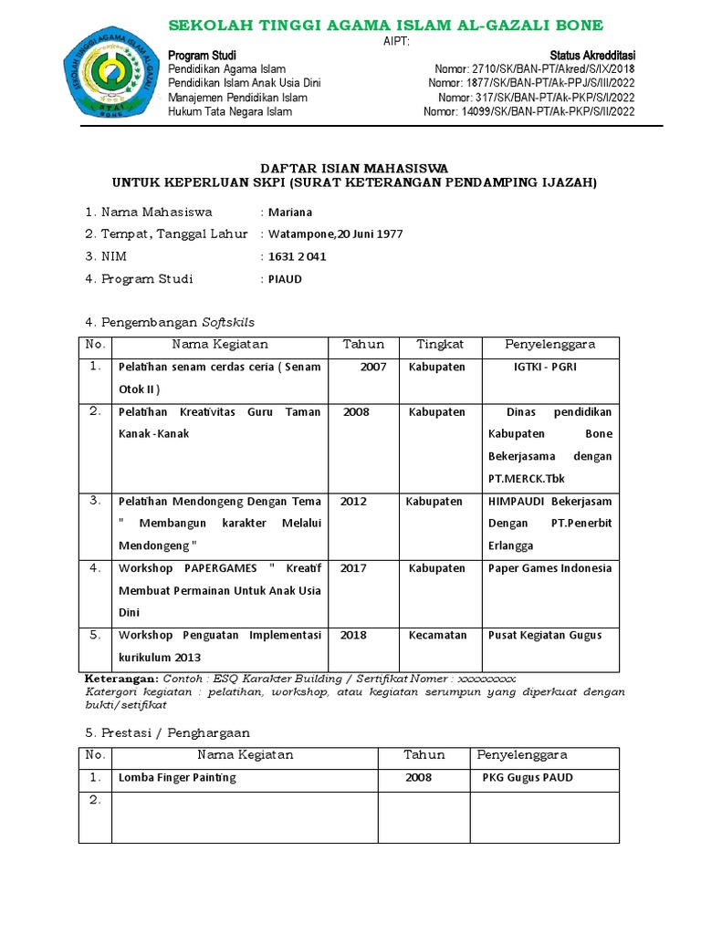 Form. Skpi Mahasiswa | PDF