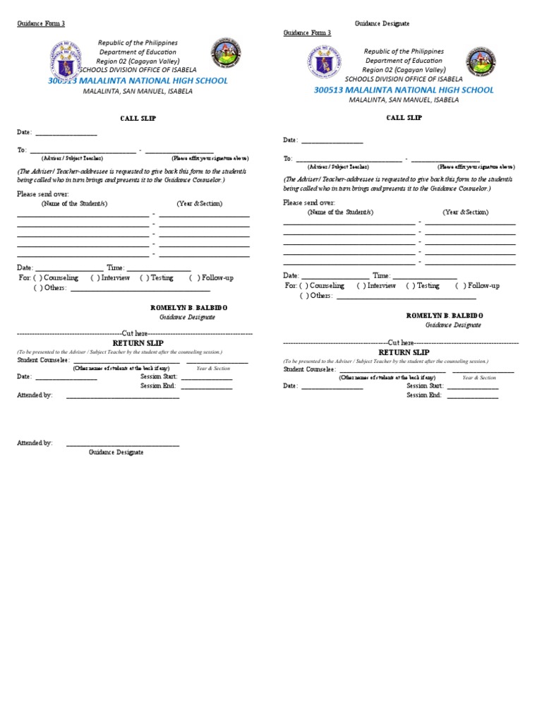 Student Guidance Call Slip | PDF | Human Development | Counseling