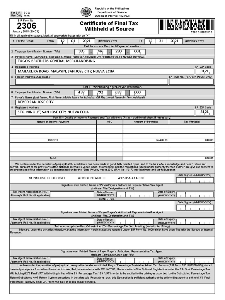 BIR Form 2306: Tax Withholding Certificate | PDF | Value Added Tax | Capital Gains Tax