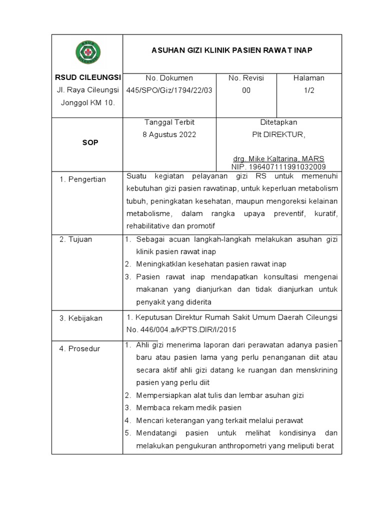 SOP Asuhan Gizi Klinik Pasien Ranap | PDF