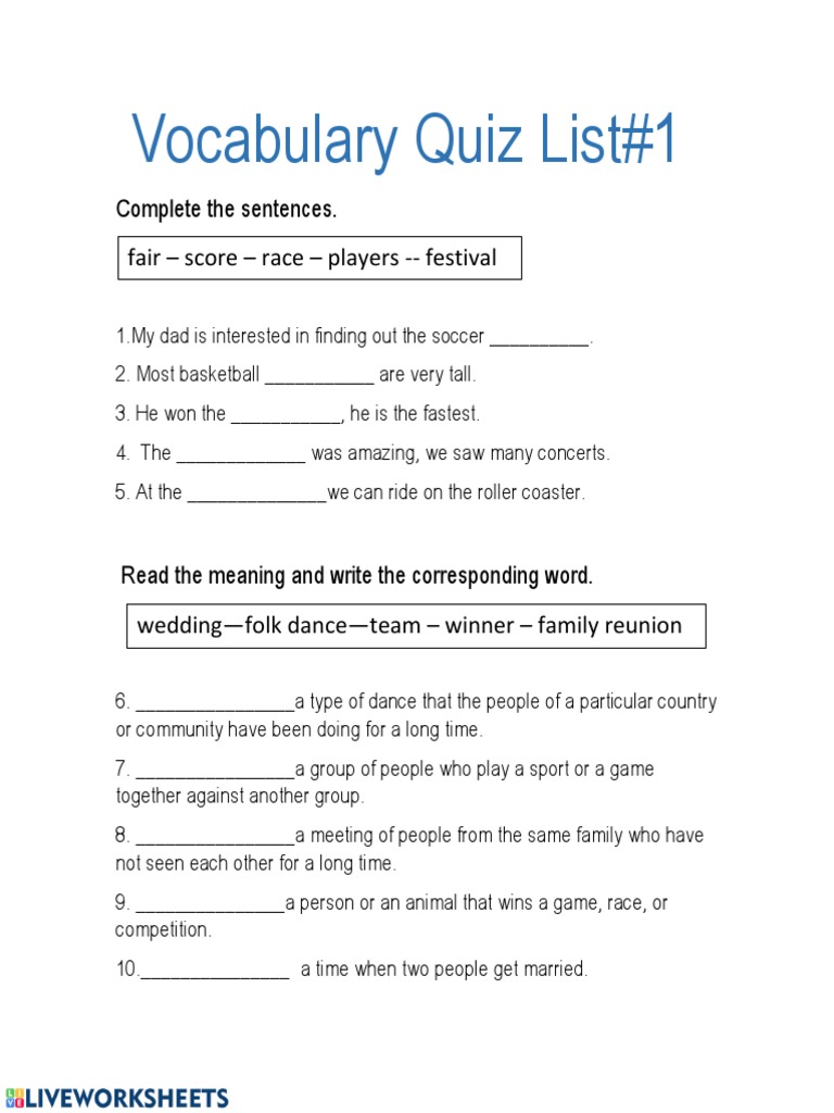 Vocabulary Quiz List#1: Complete The Sentences. Fair - Score - Race ...