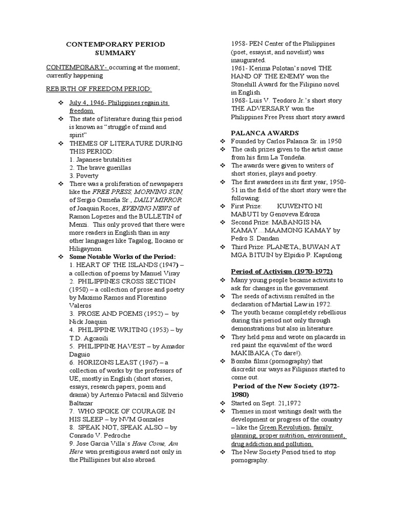 Overview of Contemporary Philippine Literature | PDF | Poetry | Philippines