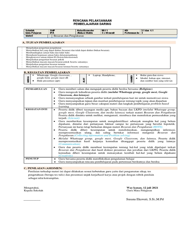 RPP Ipa Kelas 7 Pengukuran | PDF