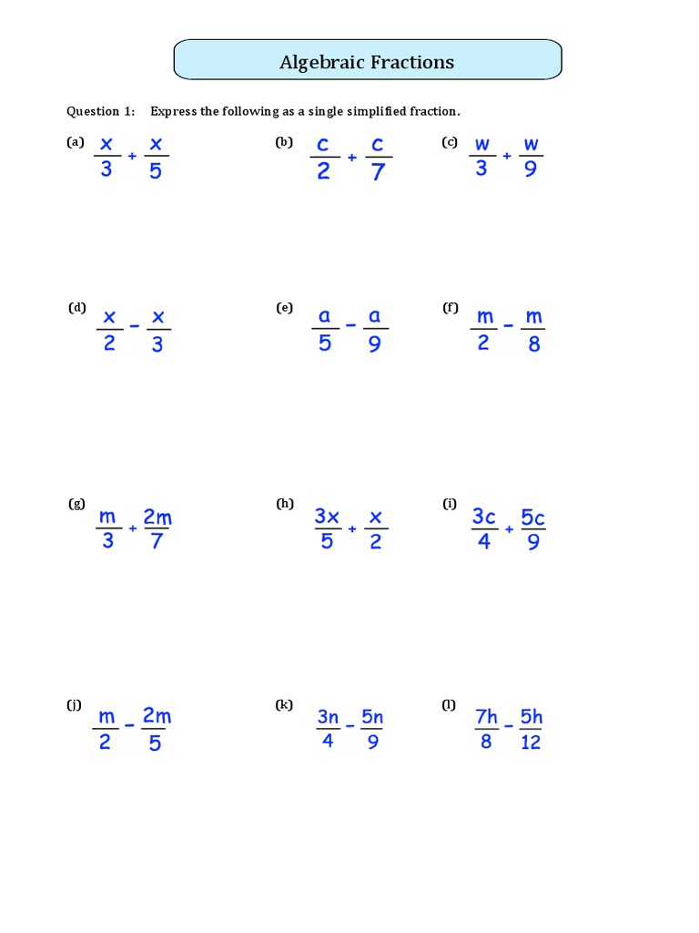 Addition and Subtraction of Algebraic Expressions With Fractional ...