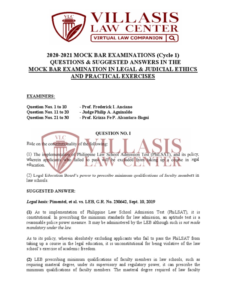 Suggested Answers in The Mock Bar Examination in Lega Ethicsl Law v1 ...
