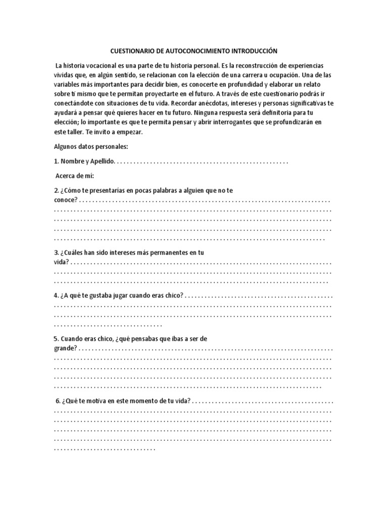 Cuestionario de Autoconocimiento Introducción | PDF