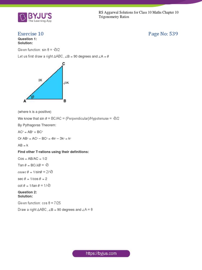 Class 10 Trigonometric Ratios Solutions | PDF | Trigonometry | Triangle
