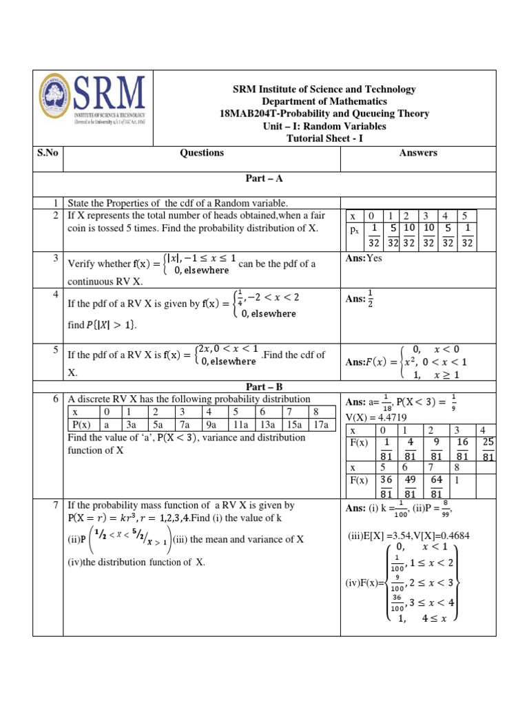 Tutorial-1 Sheet of 18MAB204T SRMIST | Download Free PDF | Probability Distribution ...