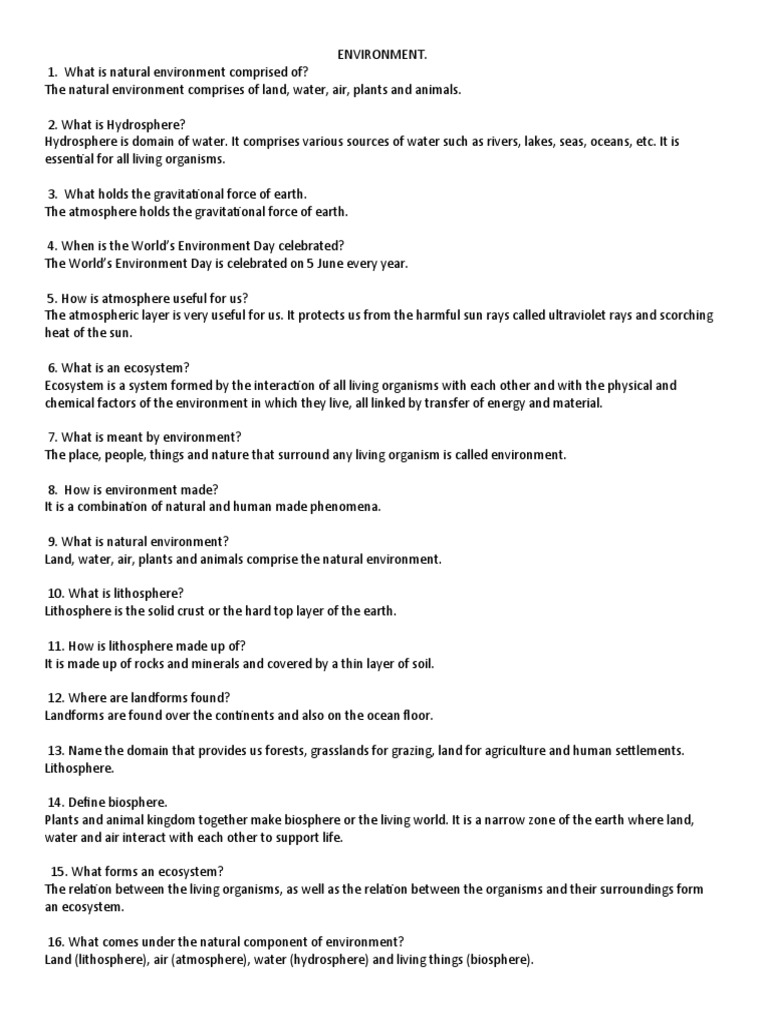 ENVIRONMENT Questions and Answers | PDF | Natural Environment | Earth
