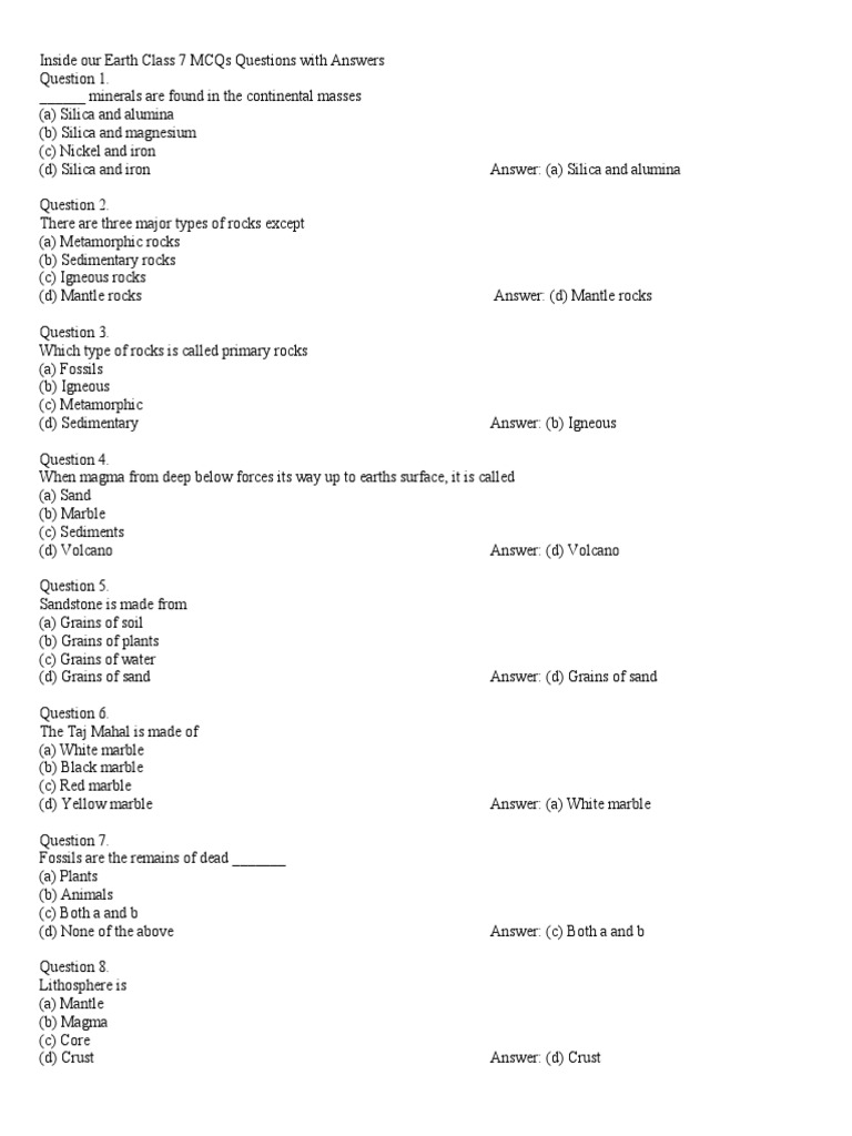 Inside Our Earth Class 7 MCQs Questions With Answers | PDF | Rock (Geology) | Igneous Rock