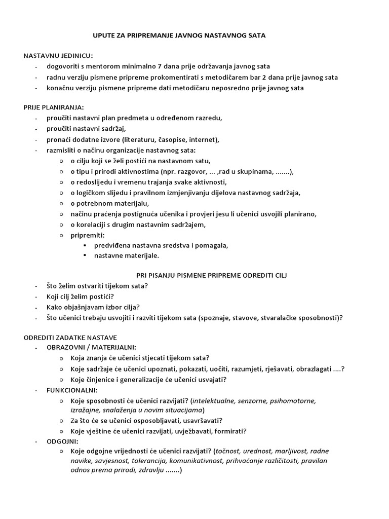 Upute Za Pripremanje Javnog Nastavnog Sata | PDF