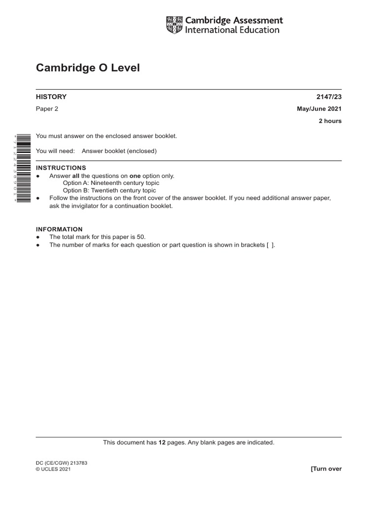 Cambridge O Level: HISTORY 2147/23 | PDF | Italy | Weimar Republic