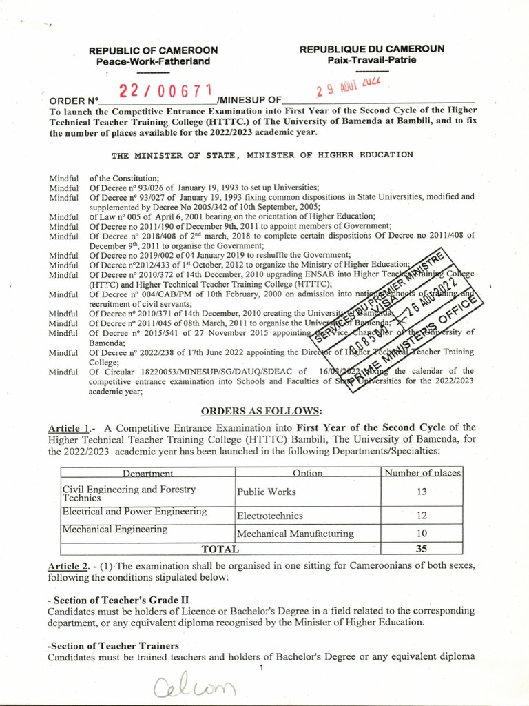 ENSET Bambili 2nd Cycle en | PDF | Academic Degree | Bachelor's Degree