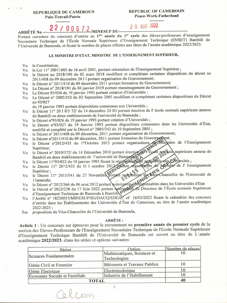 Concours ENSET Bambili 2022/2023 | PDF