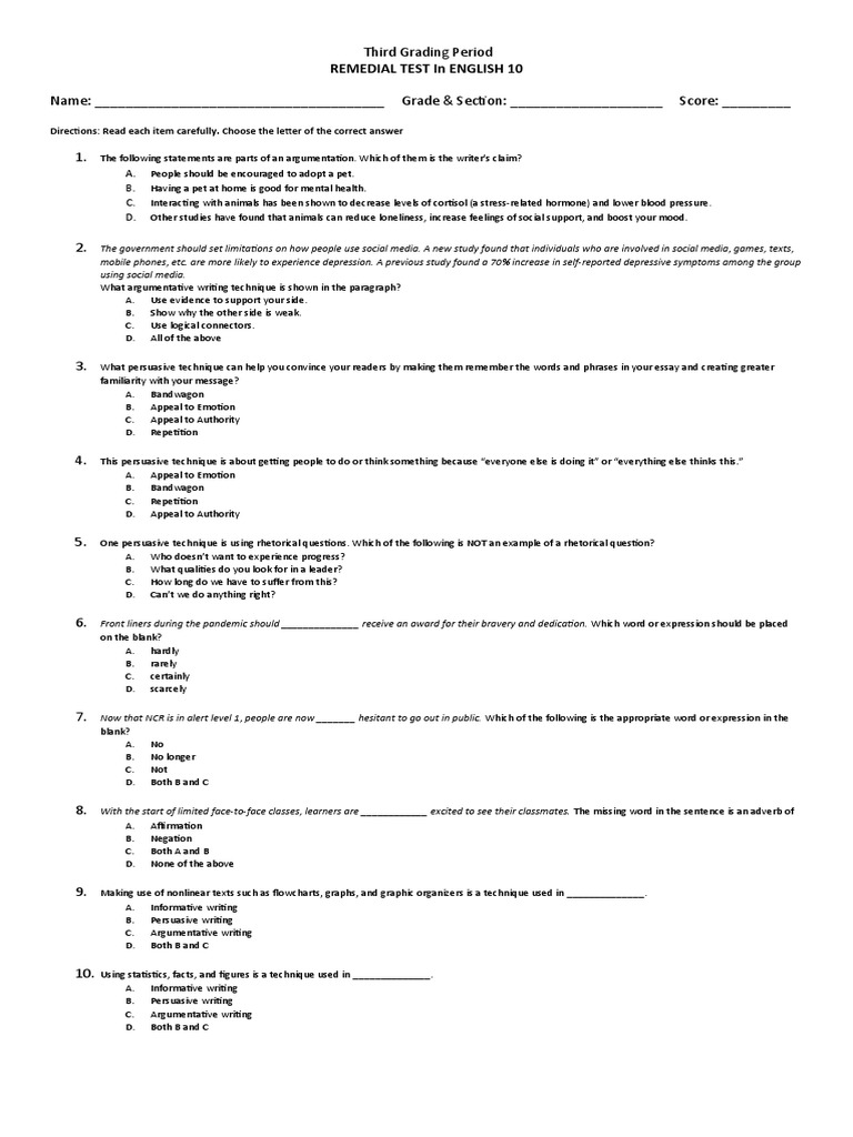 ENGLISH 10 Q3 Remedial With Answer Key | PDF | Depression (Mood)