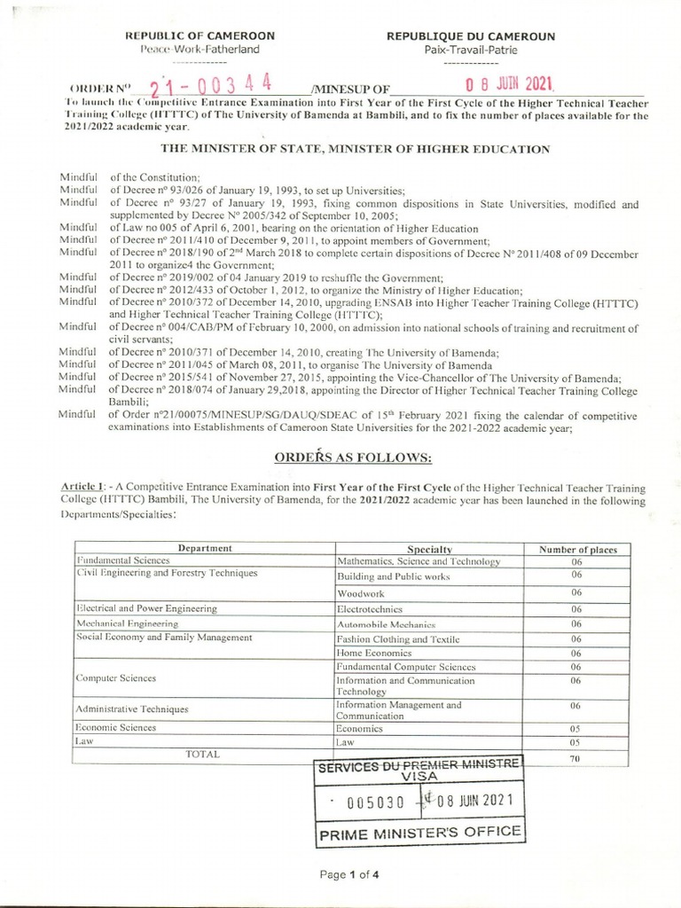 ENSET Bambili - UBa - 2021 - 1ere Annee Du 1er Cycle - en | PDF