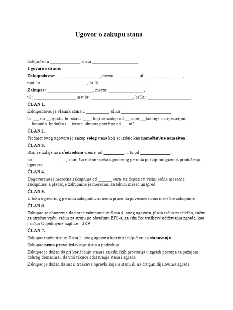 Ugovor o Zakupu Stana | PDF