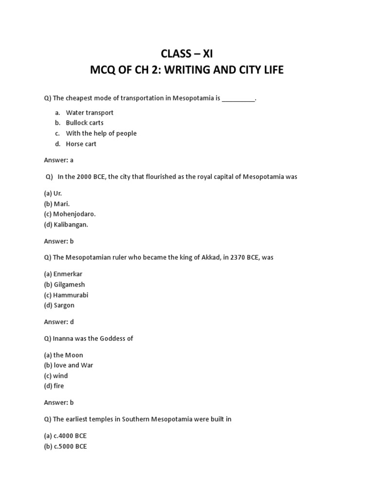 Pep MCQ of CH 2 - Writing and City Life | PDF | Mesopotamia | Babylonia