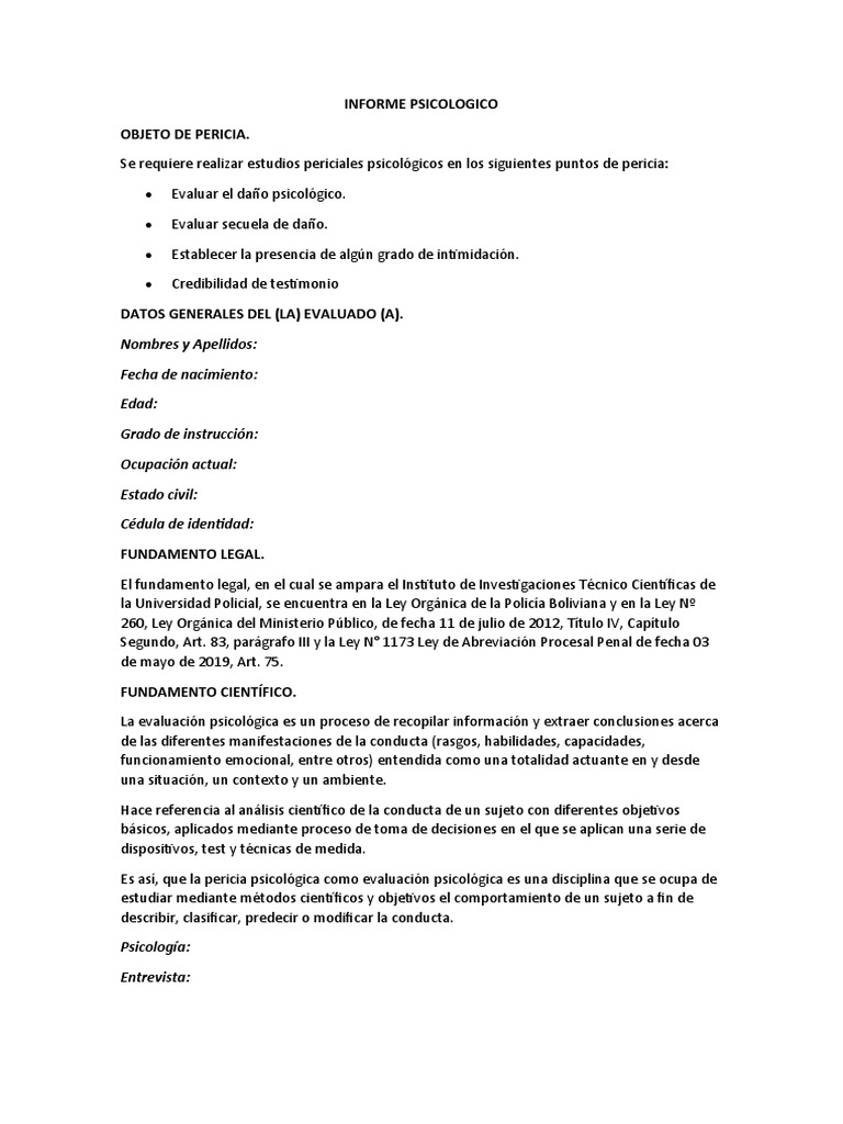 Informe Psicologico Ejemplo | PDF | Sicología | Evaluacion psicologica