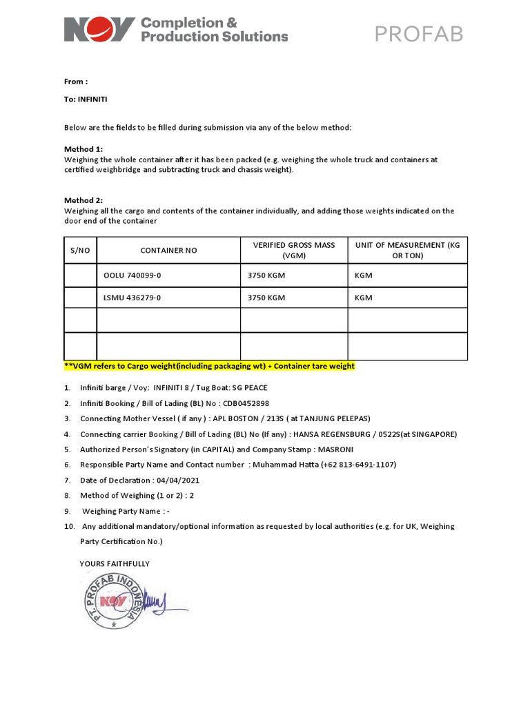 VGM Declaration Submission Template | PDF