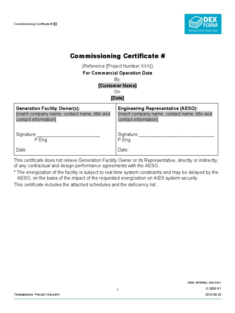Commissioning Certificate Template | PDF