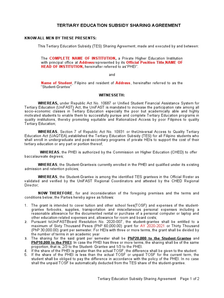 TES Sharing Agreement. AY 2020 2021 1 | PDF | Tuition Payments