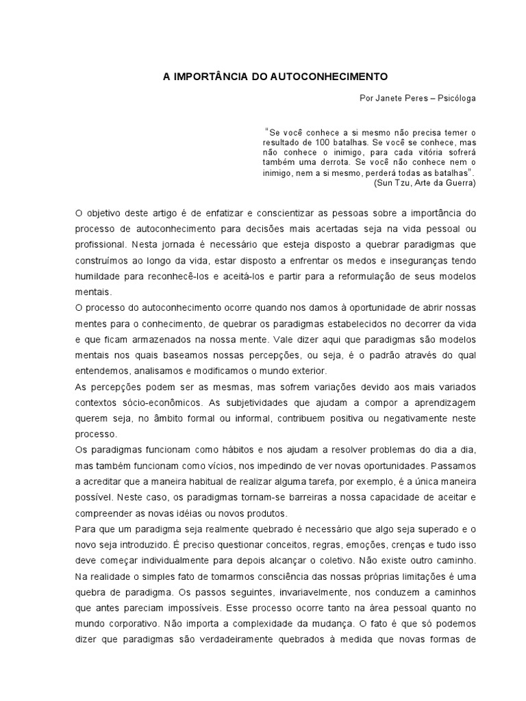 A Importancia Do Autoconhecimento | PDF | Paradigma | Experiência