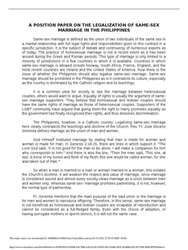 Position Paper on Same-Sex Marriage in PH | PDF | Marriage | Same Sex ...