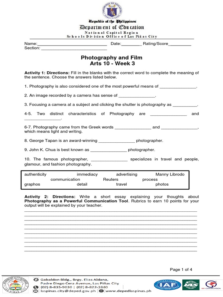 Arts 10 LAW Q3 W3 | PDF | Photograph | Camera
