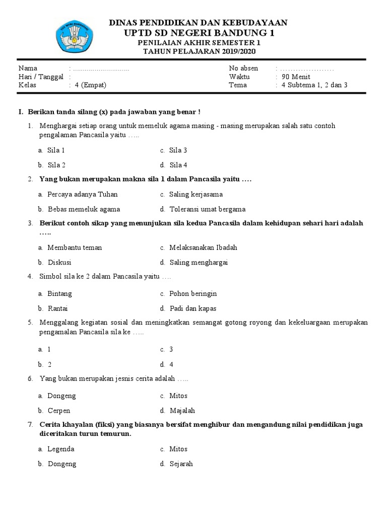 Soal Pas Kls 4 T4 Dapodikbangkalan Net Pdf