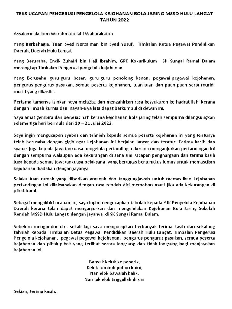 Teks Ucapan Pengerusi Pengelola Bola Jaring | PDF