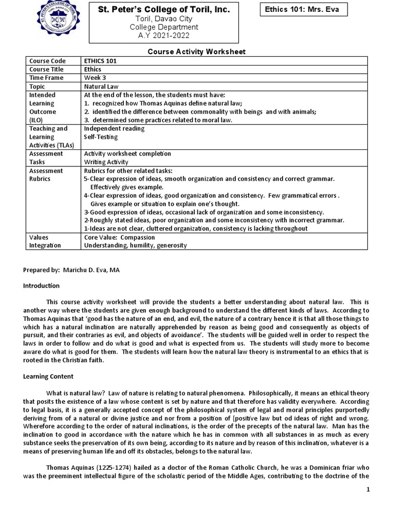 Ethics 101 Week 3 Module and Activity Sheet | PDF | Thomas Aquinas ...
