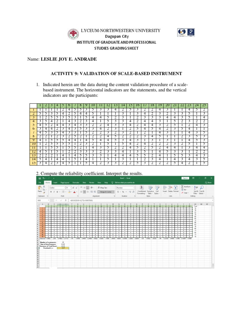 ANDRADE-LESLIE JOY E.-Activity-9 - Validation-of-Scale-Based-Instrument | PDF | Cronbach's Alpha ...