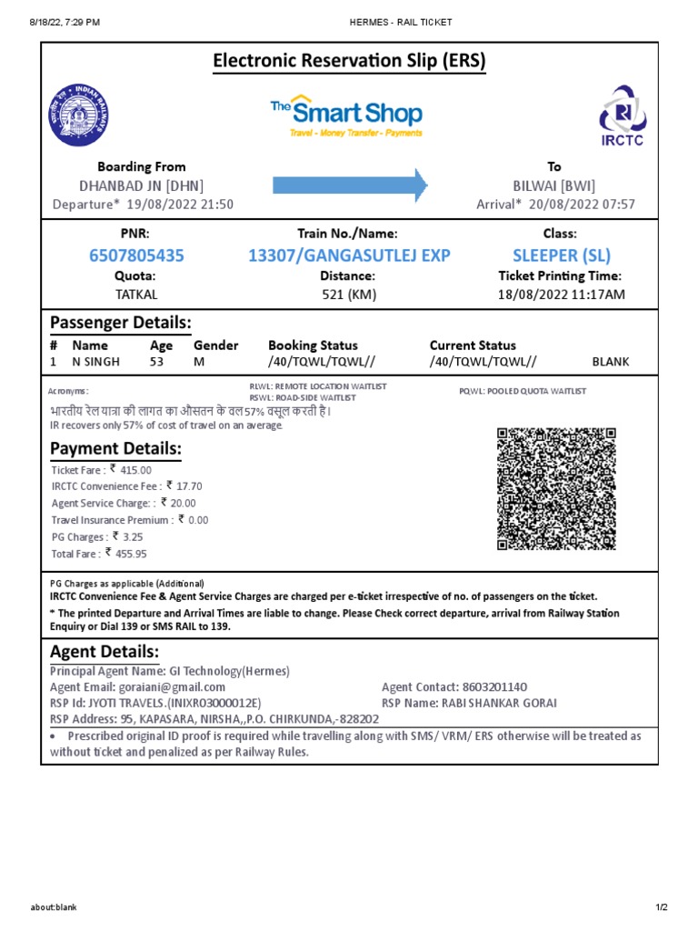 Electronic Reserva On Slip (ERS) : 6507805435 13307/gangasutlej Exp Sleeper (SL) | PDF | Public ...