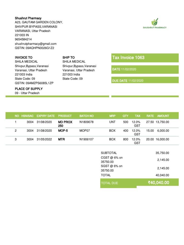Invoice 1063 From Shushrut Pharmacy | PDF