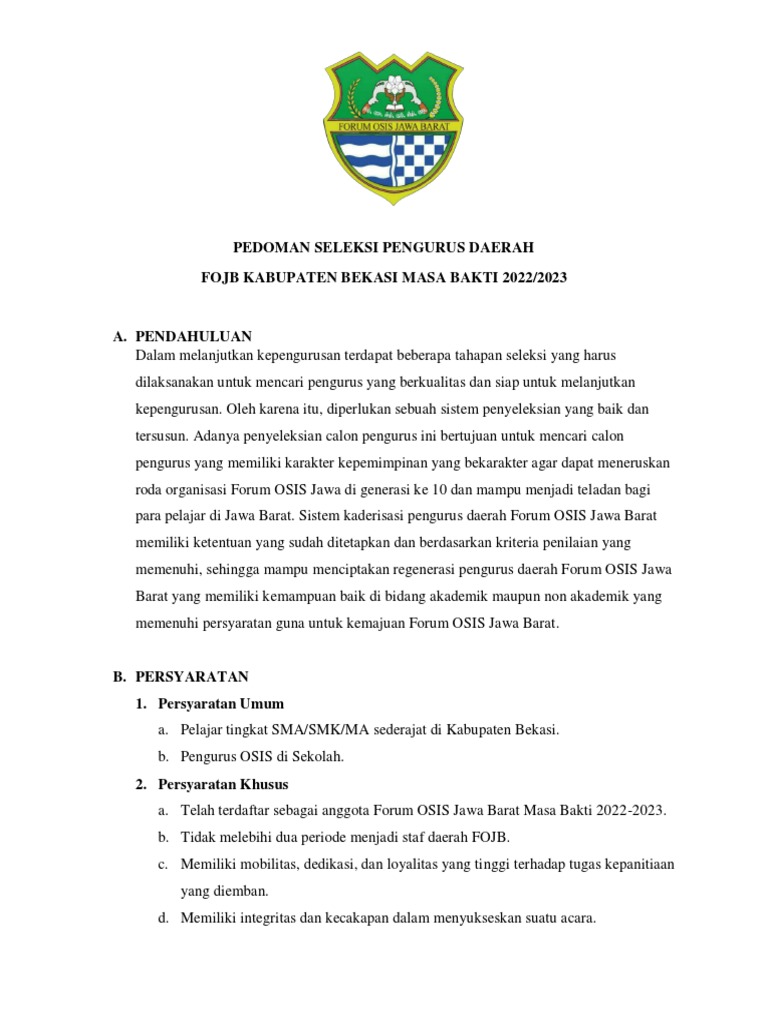 Pedoman Seleksi Pengurus Daerah Fojb Gen 10 Kabupaten Bekasi | PDF