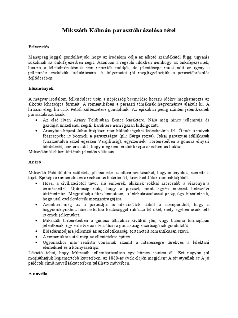 Mikszáth Kálmán Parasztábrázolása Tétel | PDF