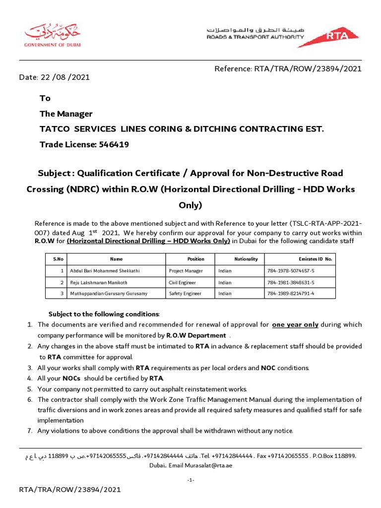 RTA Approval for HDD Works in Dubai | PDF