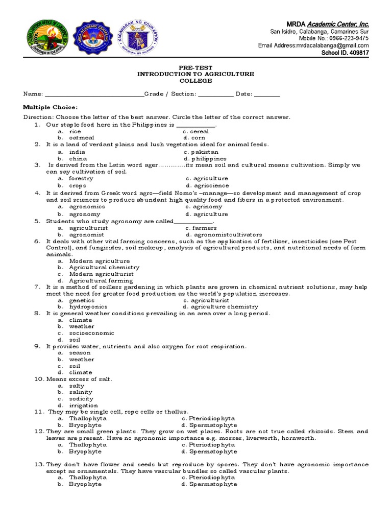 Pre-Test - Intro. To Agriculture | PDF | Fertilizer | Legume