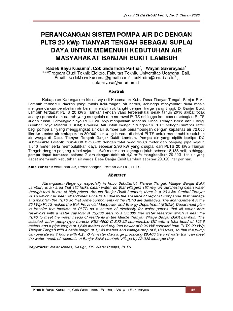 Perancangan Sistem Pompa Air DC Dengan Plts 20 KWP Tianyar Tengah ...