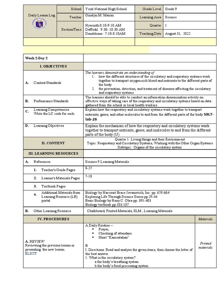 Week 2-Day 2 I. Objectives: S9LT-lab-26 | PDF | Human Body | Blood