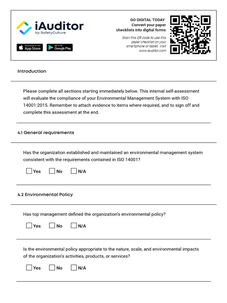 ISO 14001:2015 Internal Audit Checklist | PDF | Audit | Environmental ...