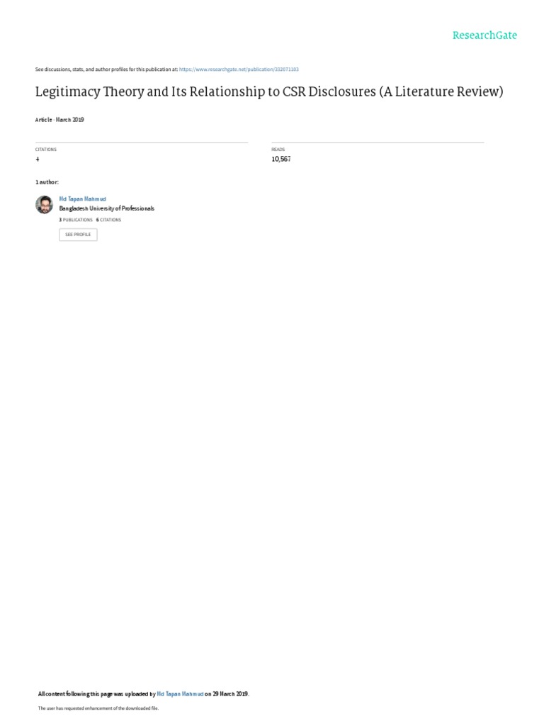 Legitimacy Theoryand Its Relationshipto CSRDisclosures ALiterature ...