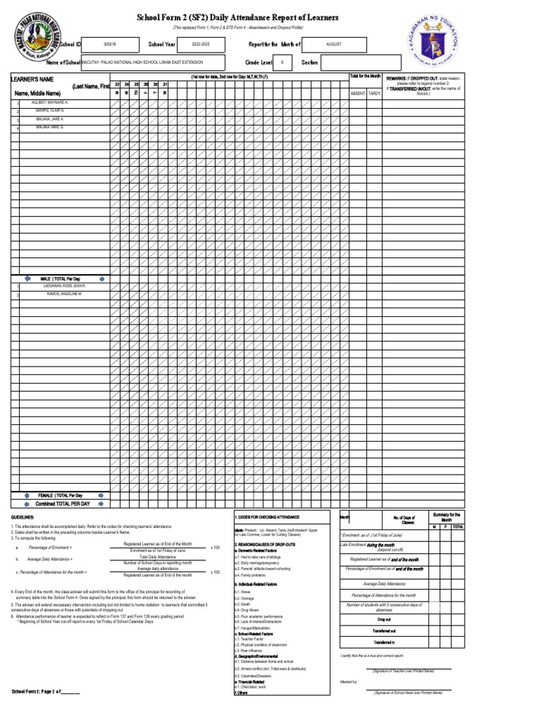 School Form 2 - Daily Attendance Report of Learners | PDF | Human ...